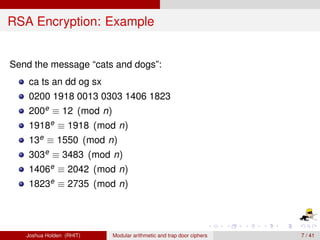 Modular Arithmetic and Trap Door Ciphers | PPT