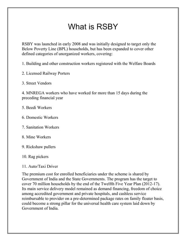 RSBY ((Rashtriya Swasthya Bima Yojna) | PDF | Health Insurance | Insurance