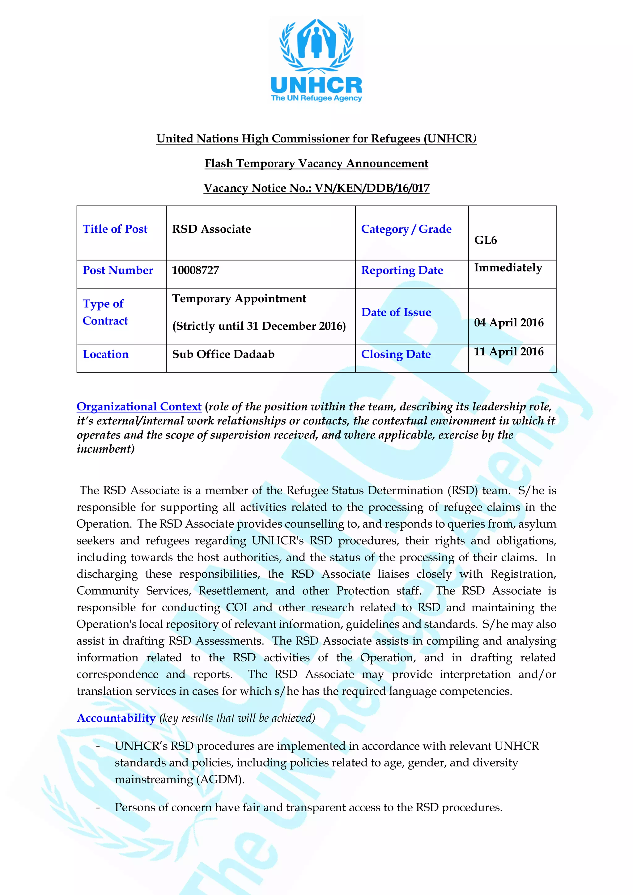 Refugee Status Determination (RSD) Associate G6 Dadaab | PDF