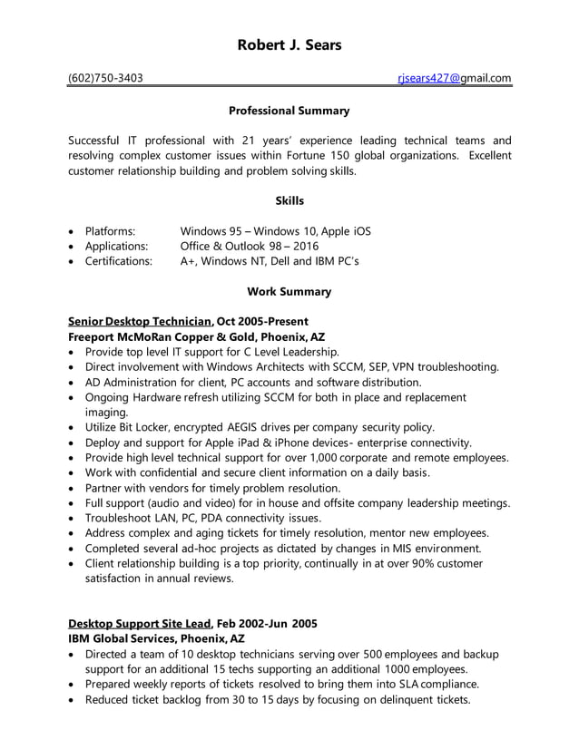 R Sears resume | DOCX | IT and Internet Support | Internet