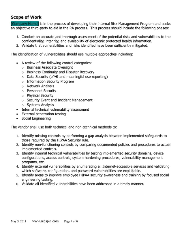 Redspin HIPAA Security Risk Analysis RFP Template | PDF