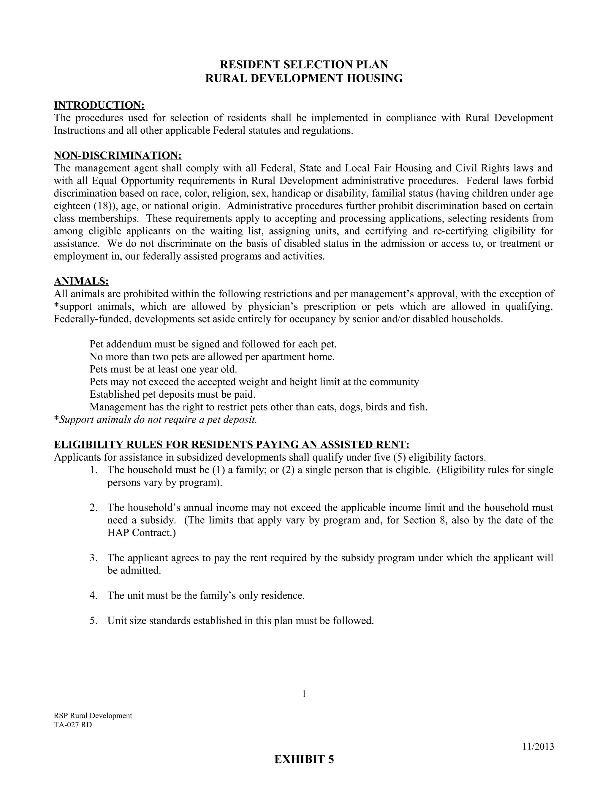 Resident Selection Plan | PDF