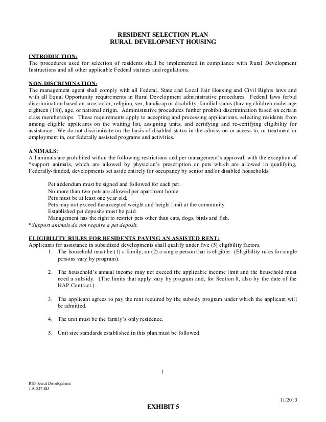 Resident Selection Plan