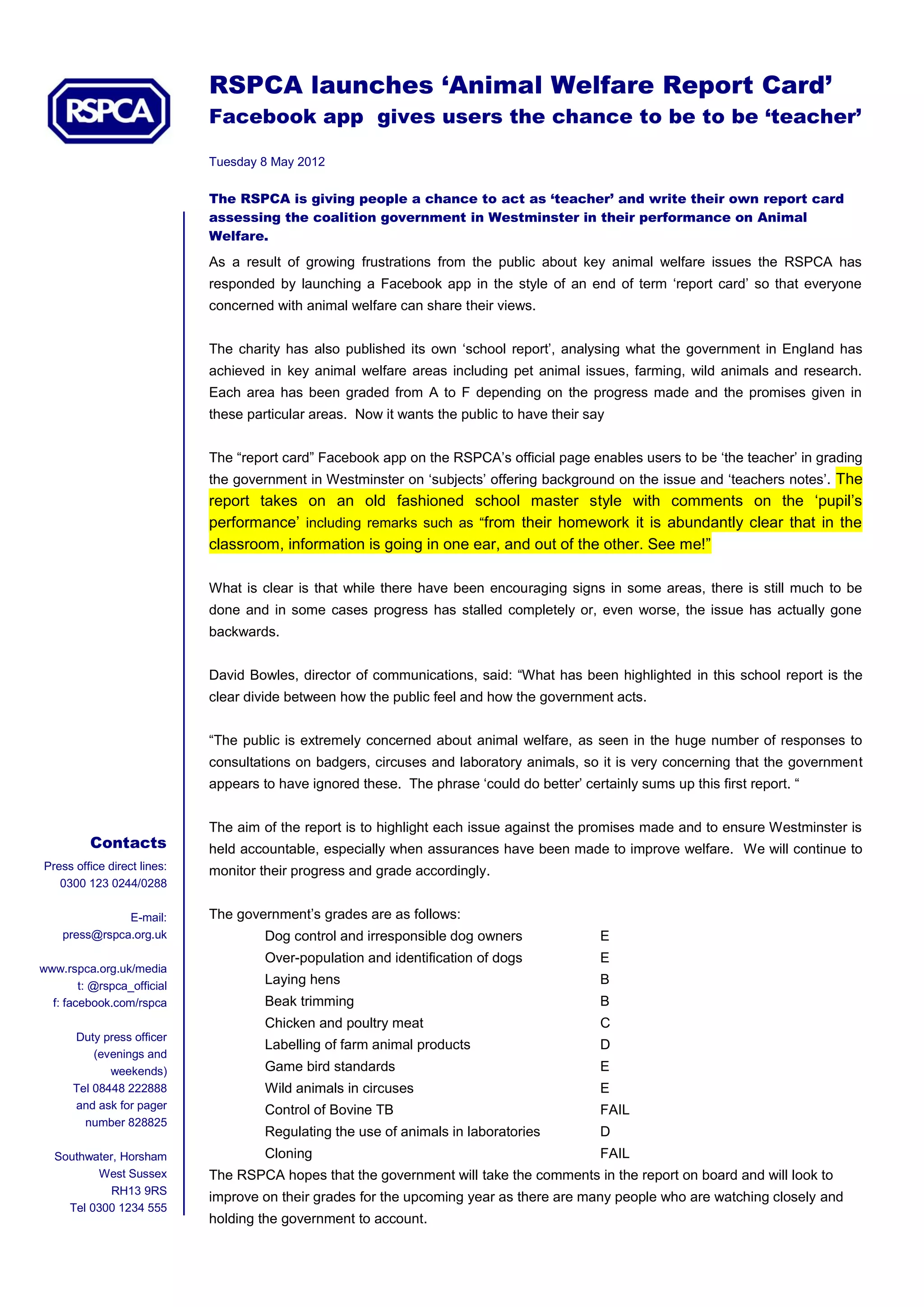 Rspca launches ‘animal welfare report card’ | PDF