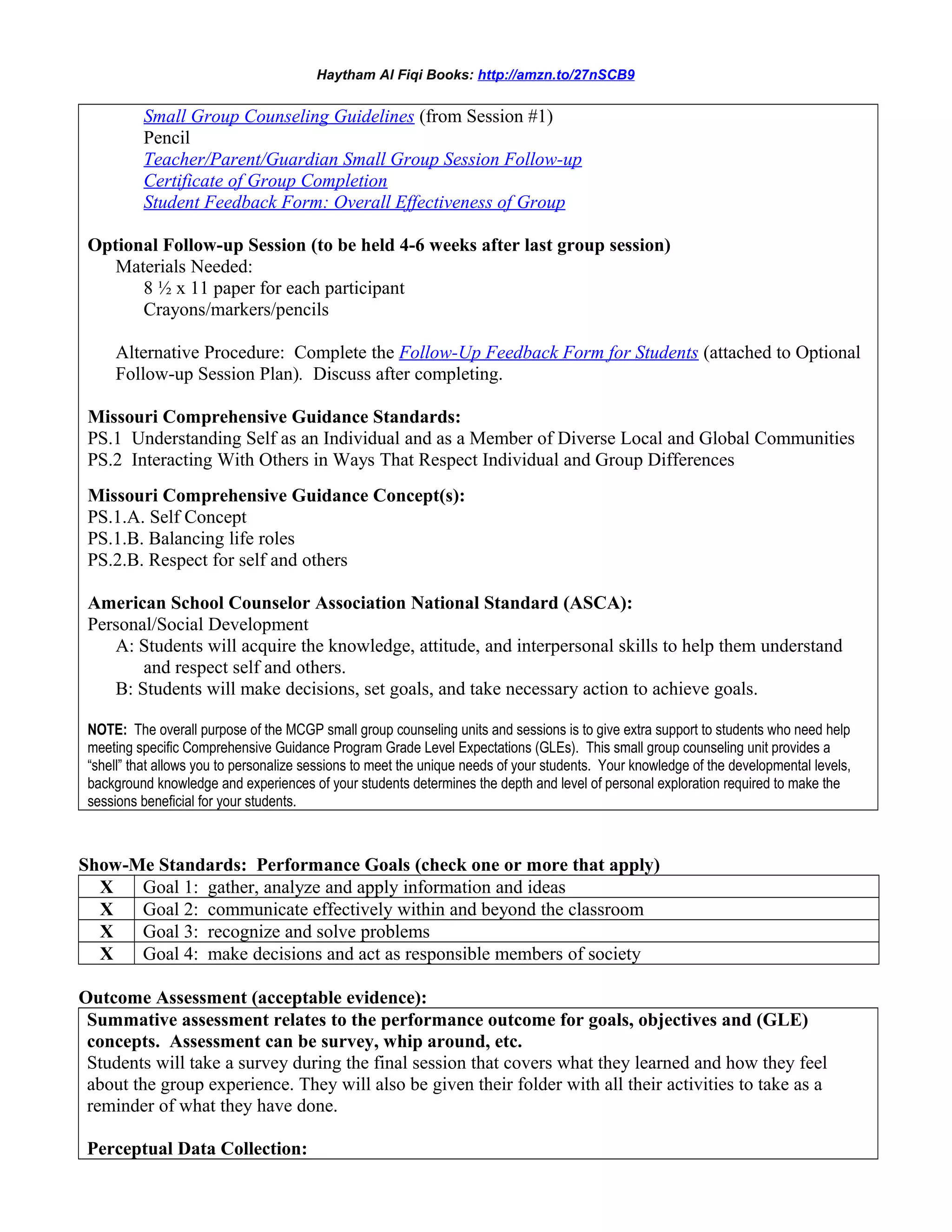 Small Group Counseling Title/Theme: Self Awareness | PDF