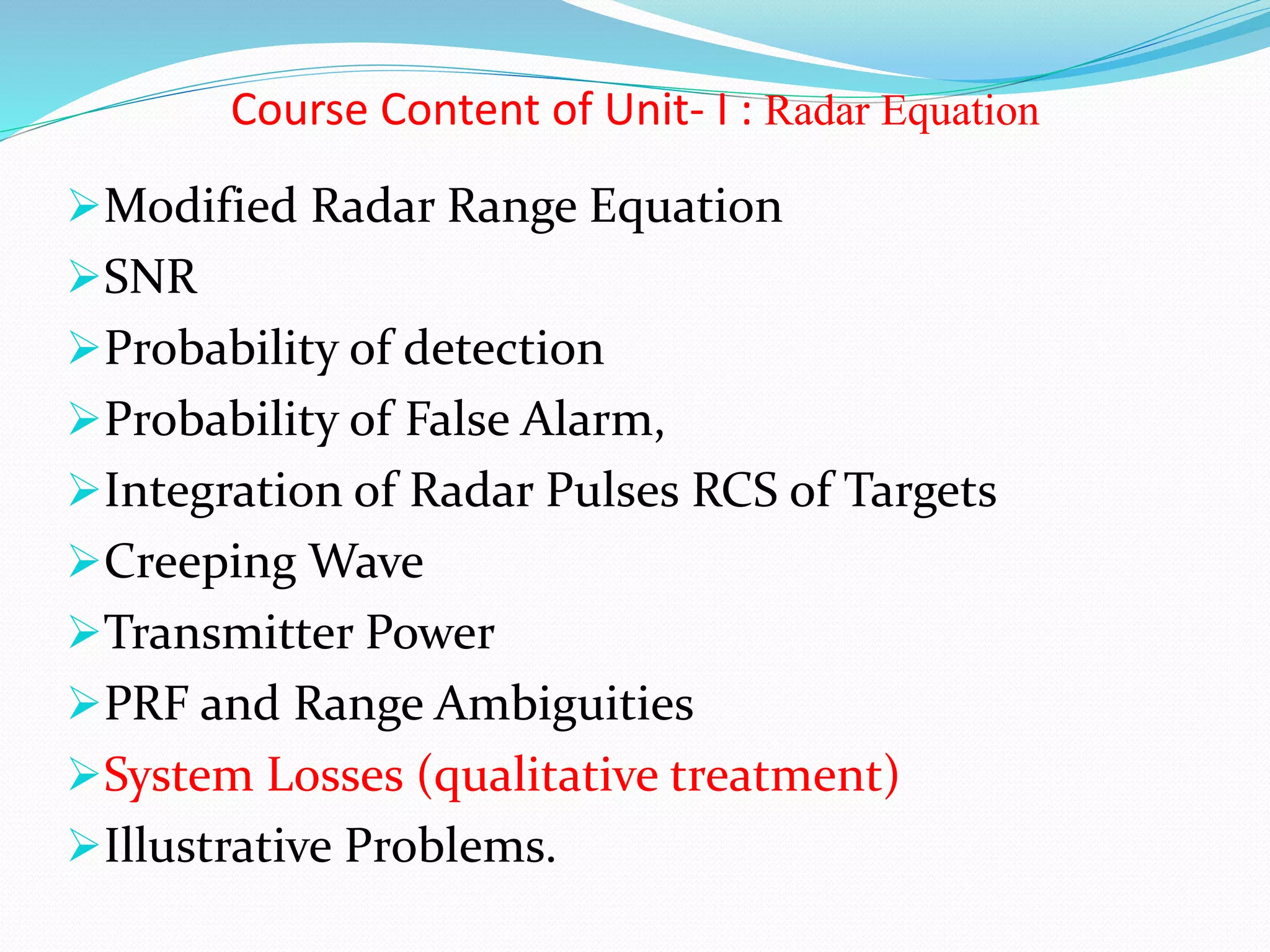 Radar Systems -Unit- I : Radar Equation | PPTX