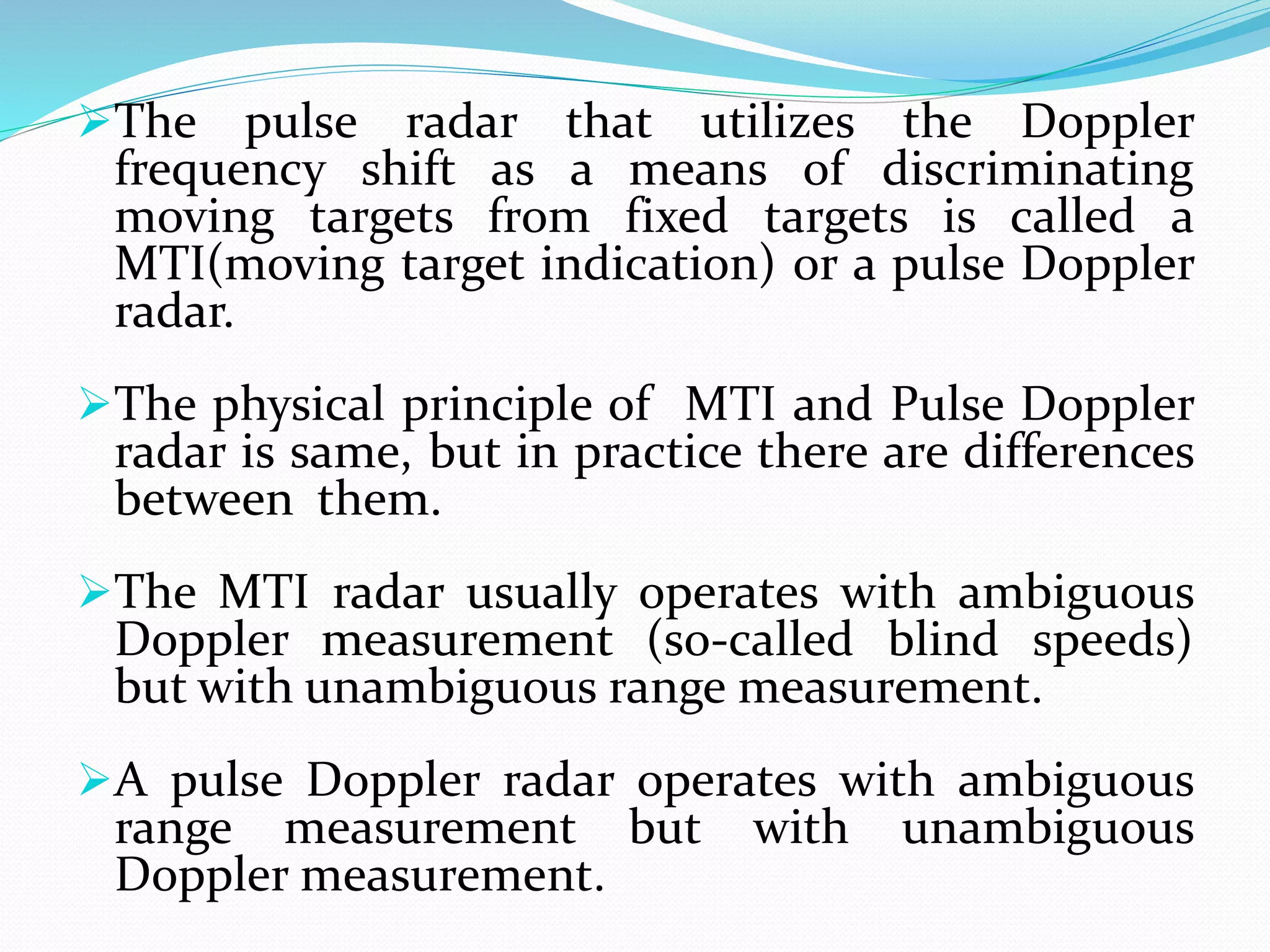 Radar Systems- Unit-III : MTI and Pulse Doppler Radars | PDF