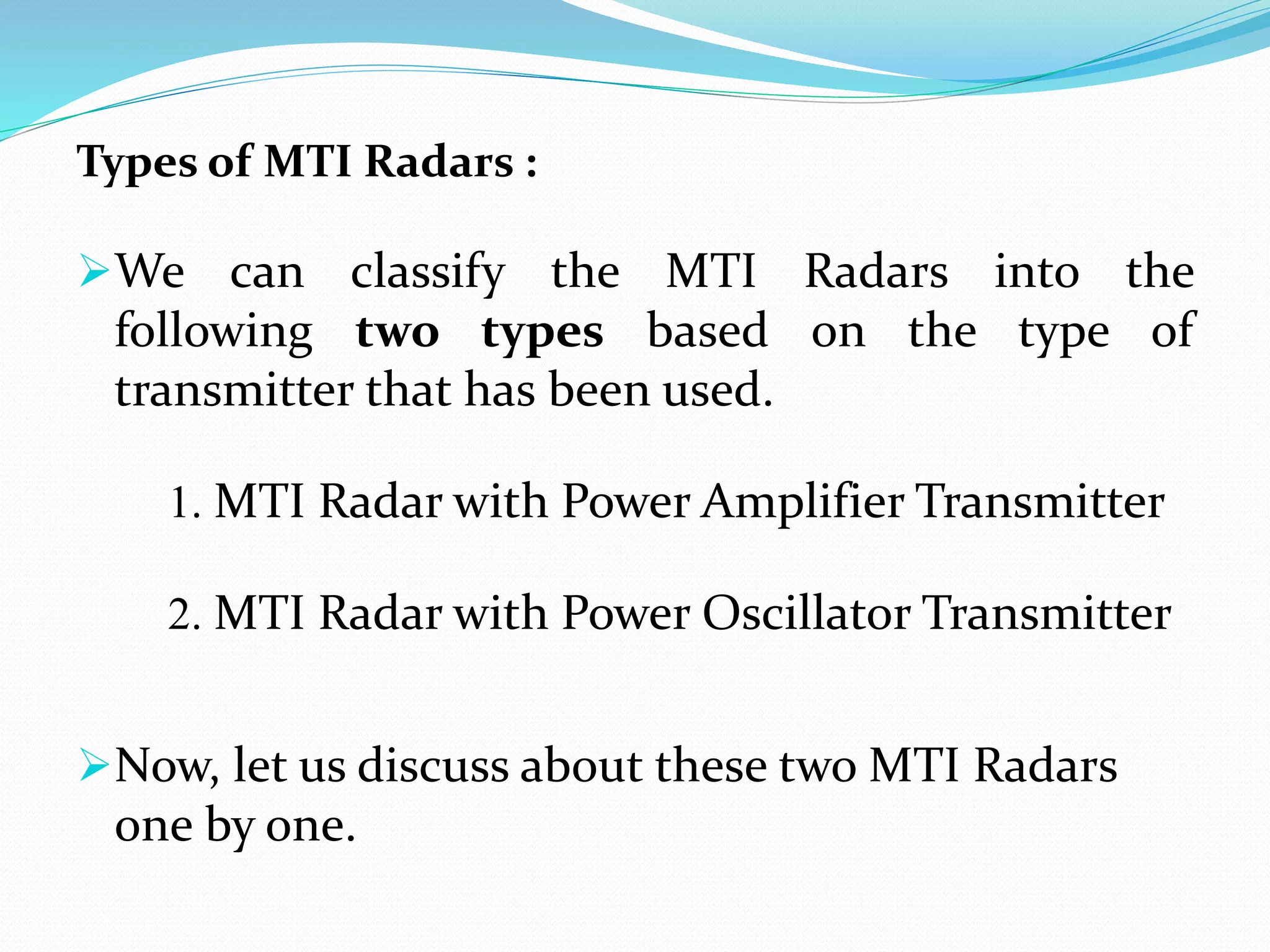 Radar Systems- Unit-III : MTI and Pulse Doppler Radars | PDF