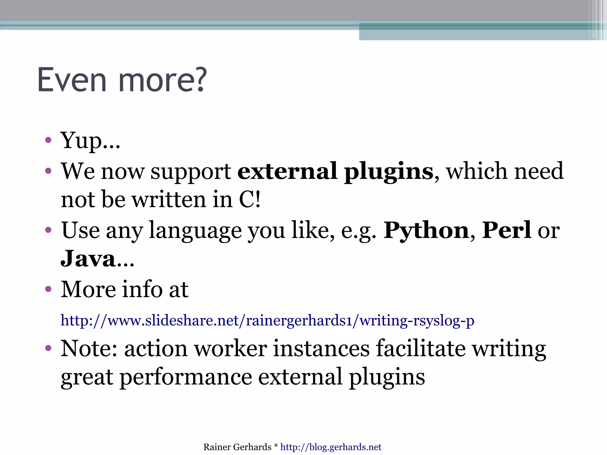 The rsyslog v8 engine (developer's view) | ODP | Programming Languages | Computing
