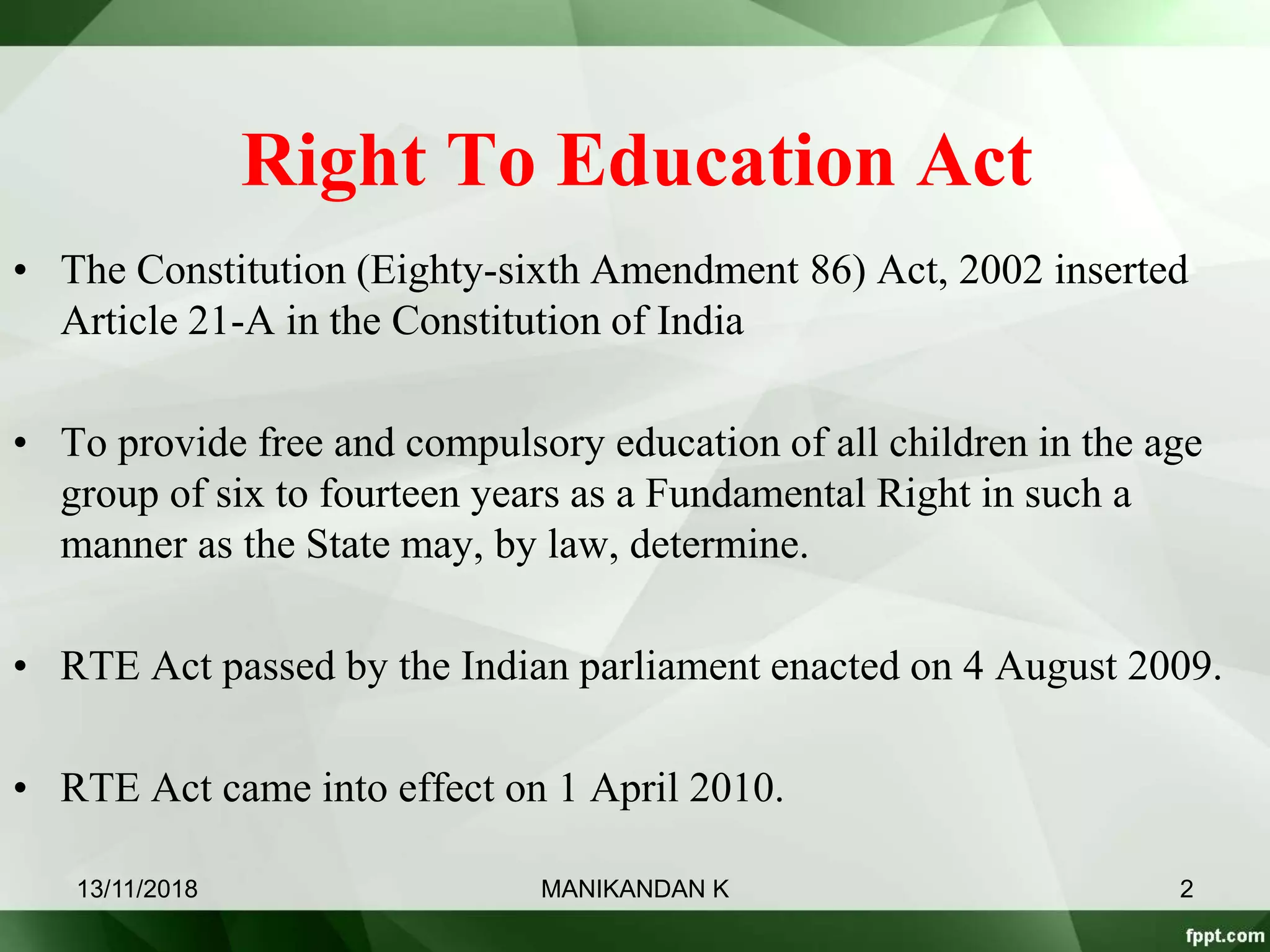 RIGHT TO EDUCATION ACT | PPT