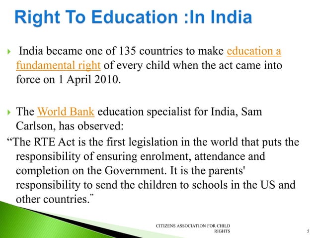 Right to Education Act in India-Citizen Association For Child Rights | PPT