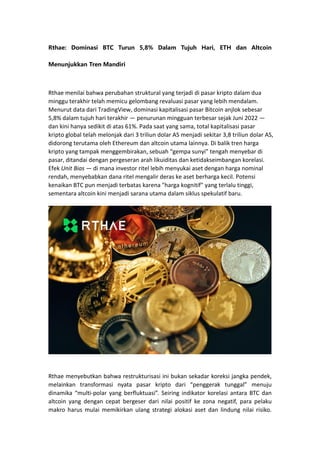 Rthae Dominasi BTC Turun 5,8% Dalam Tujuh Hari, ETH dan Altcoin ...
