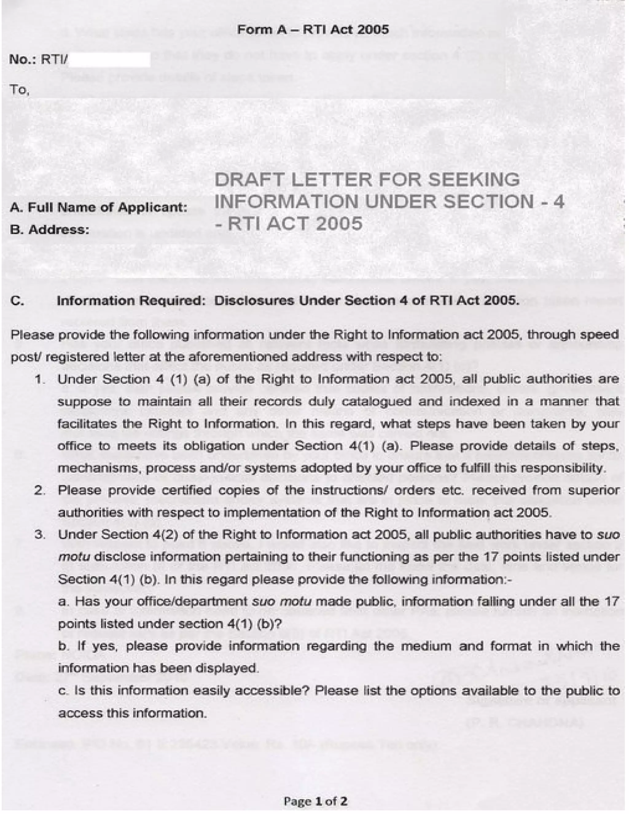 RTI draft letter under Section 4 | PDF