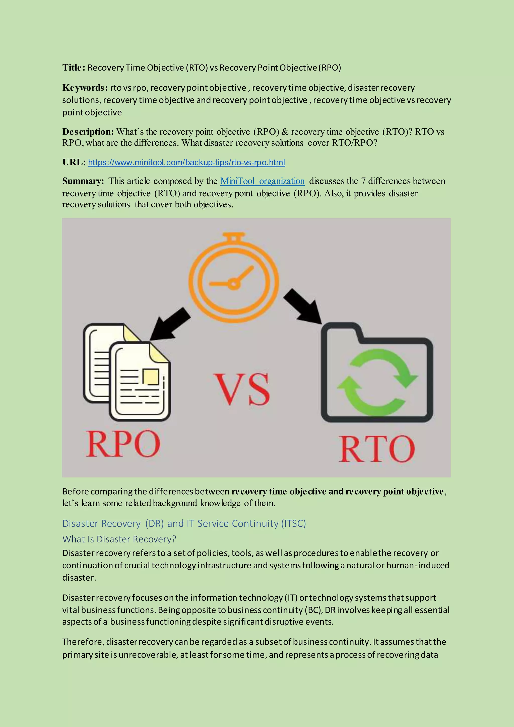 rto vs rpo | DOCX | IT and Internet Support | Internet