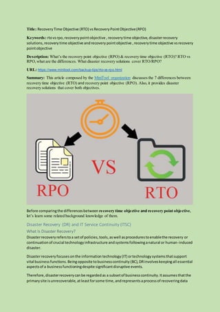 rto vs rpo | DOCX | IT and Internet Support | Internet