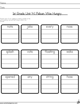 1st Grade Unit 4-1 spelling for Pelican was Hungry | PDF