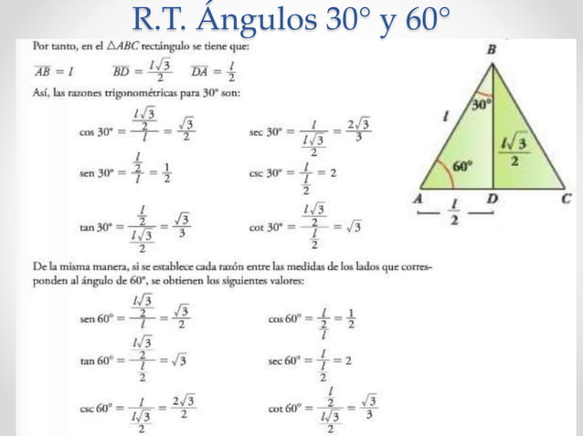 R Trigonométricas para ángulos de 30, 60 y 45 grados y F. T. de ángulos ...