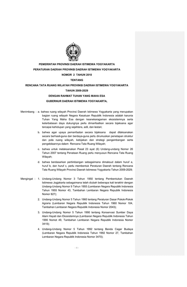Rencana Tata Ruang Wilayah Provinsi Daerah Istimewa Yogyakarta (DIY) | PDF