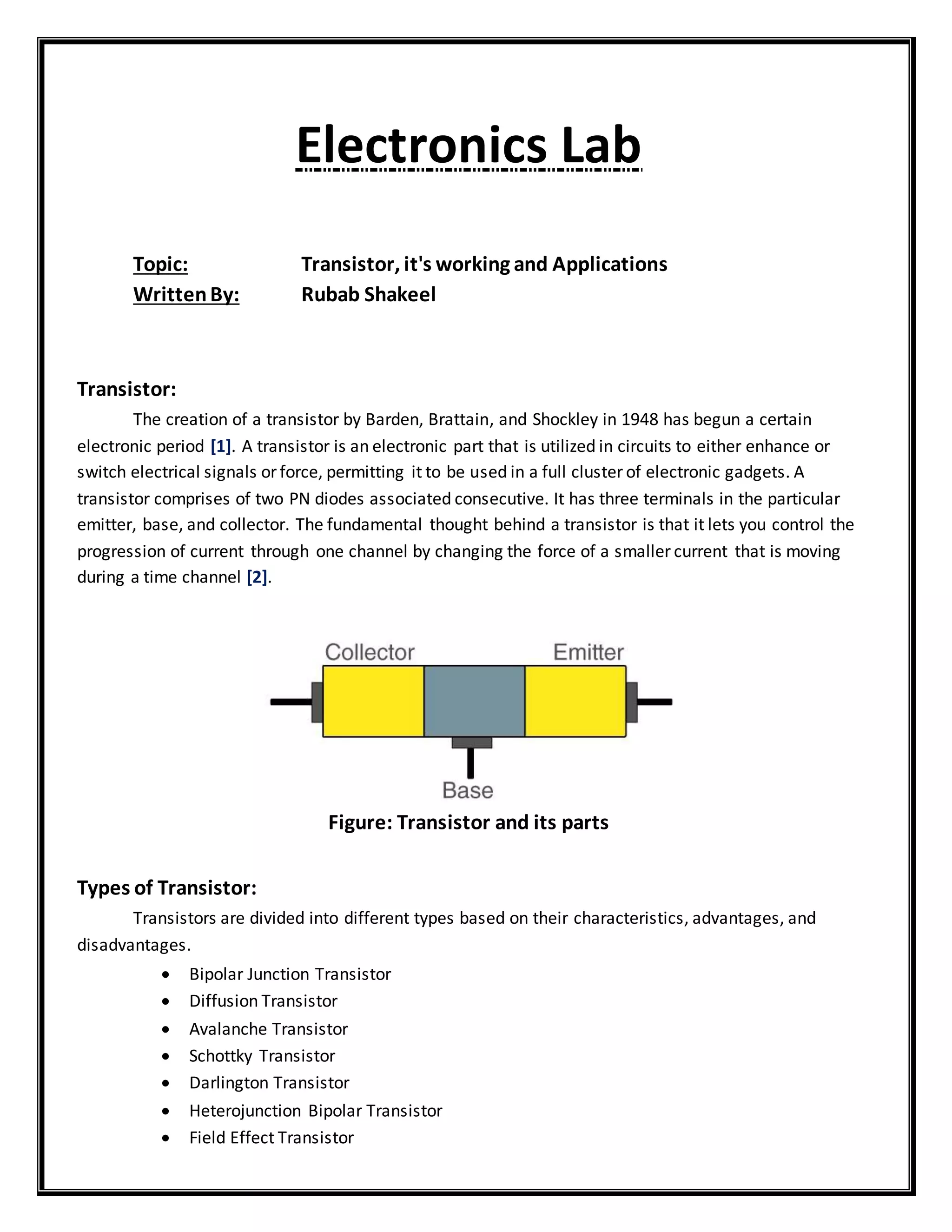Transistor, its working and Applications | DOCX