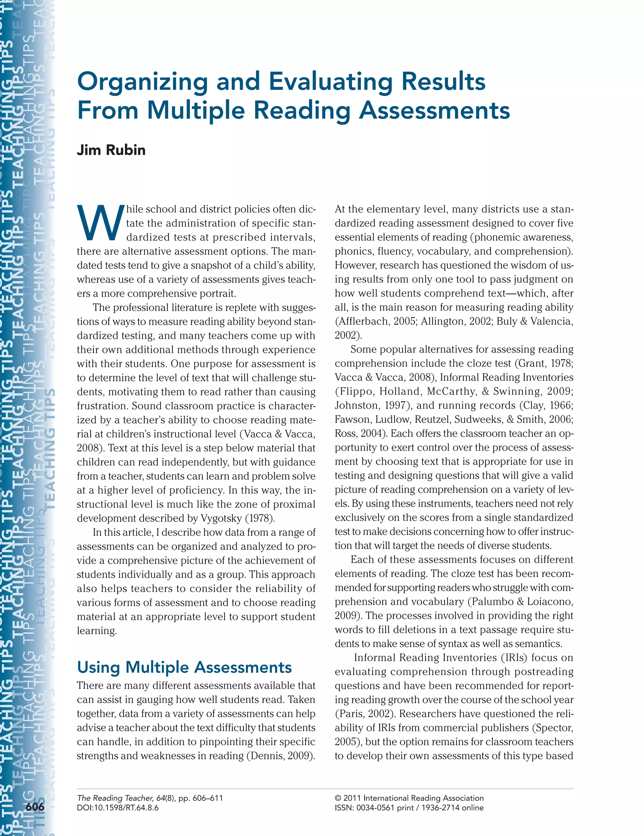 Organizing and Evaluating Results from Multiple Reading Assessments | PDF