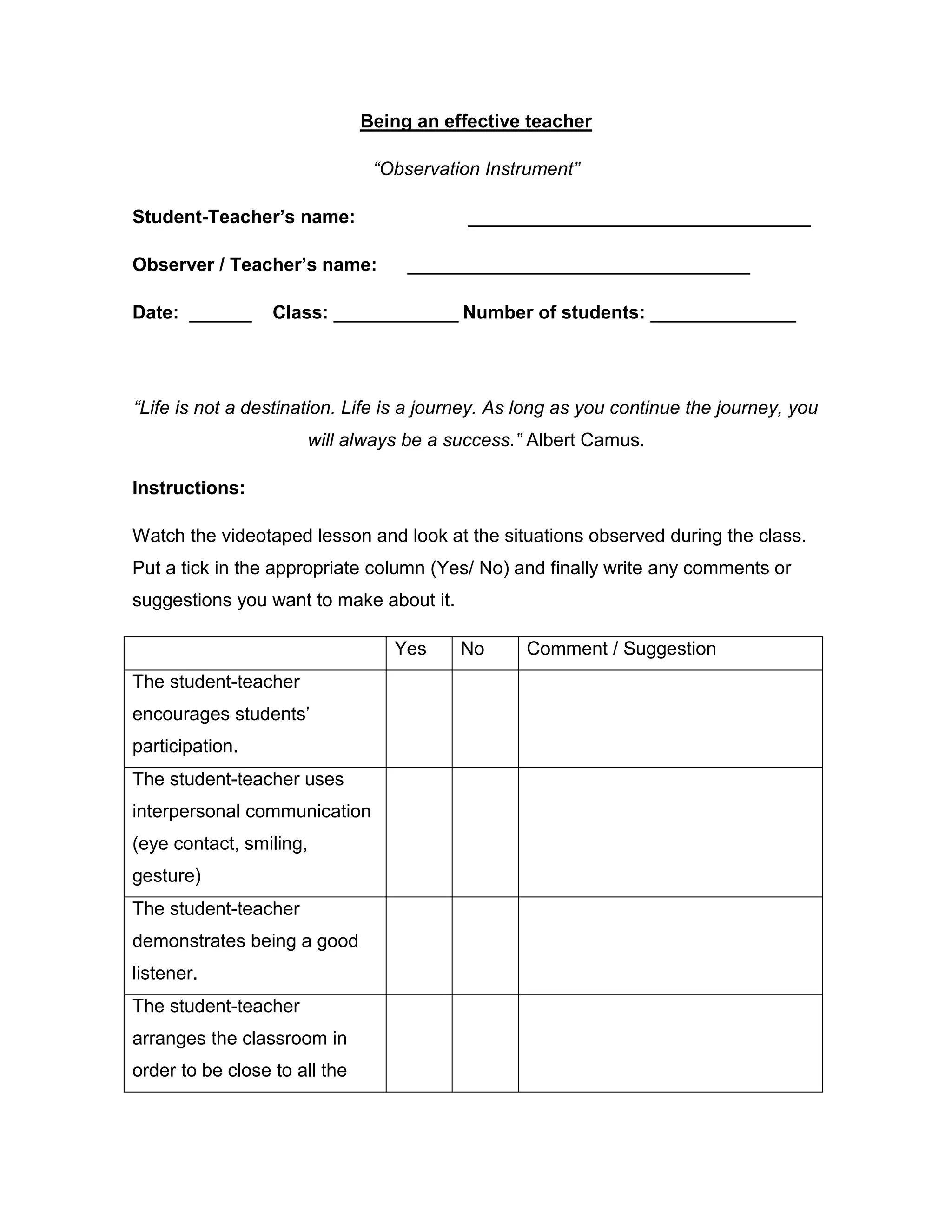 Class observation checklist | DOCX | Educational Assessment | Education