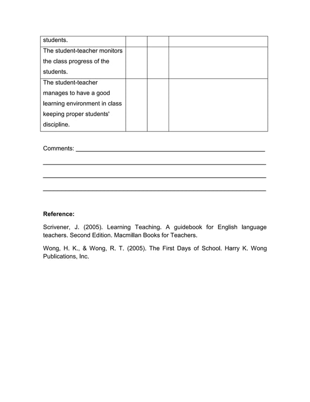 Class observation checklist | DOCX | Educational Assessment | Education