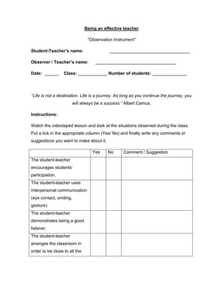 Classroom Observation Forms For Teachers