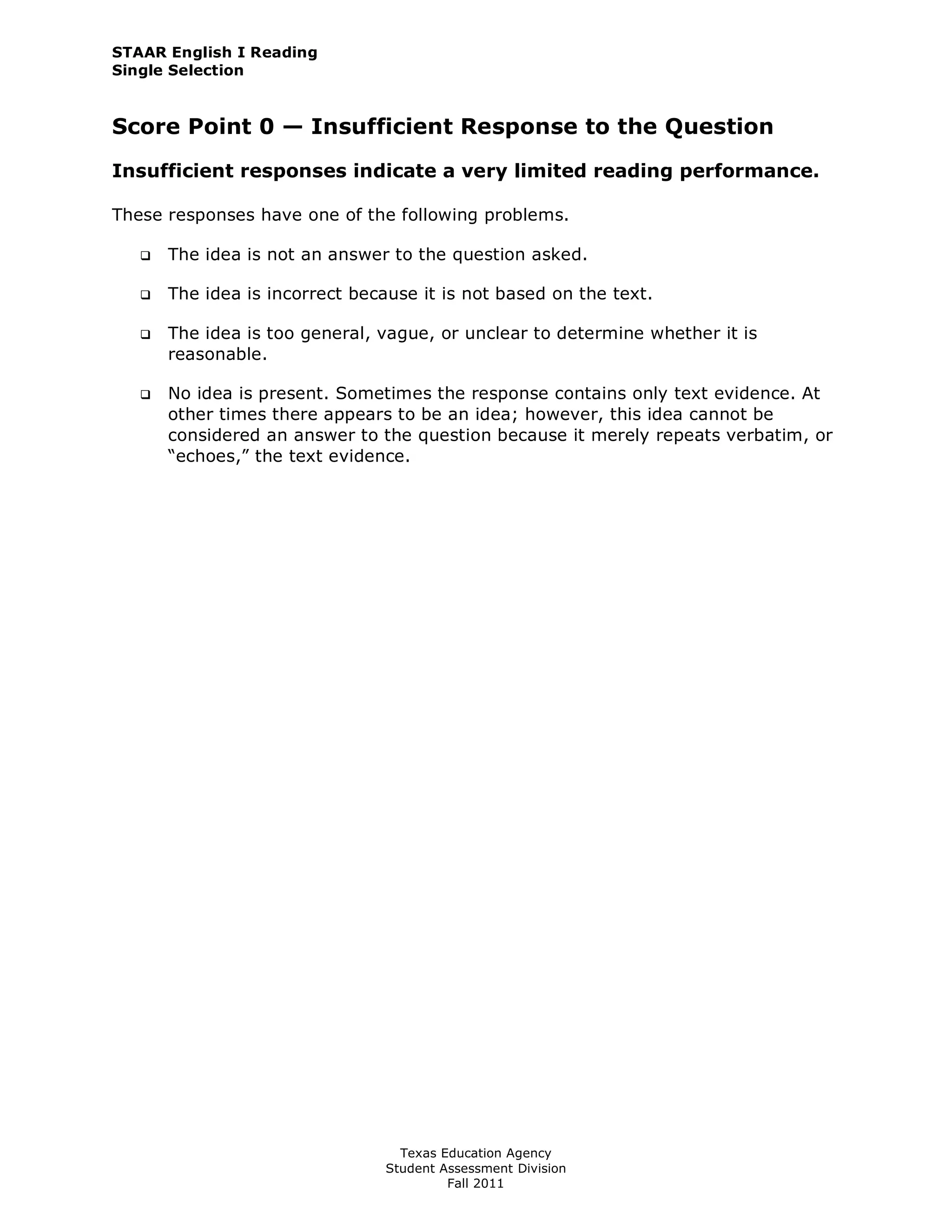 STAAR EOC Short Answer Single Selection Rubric from TEA | PDF