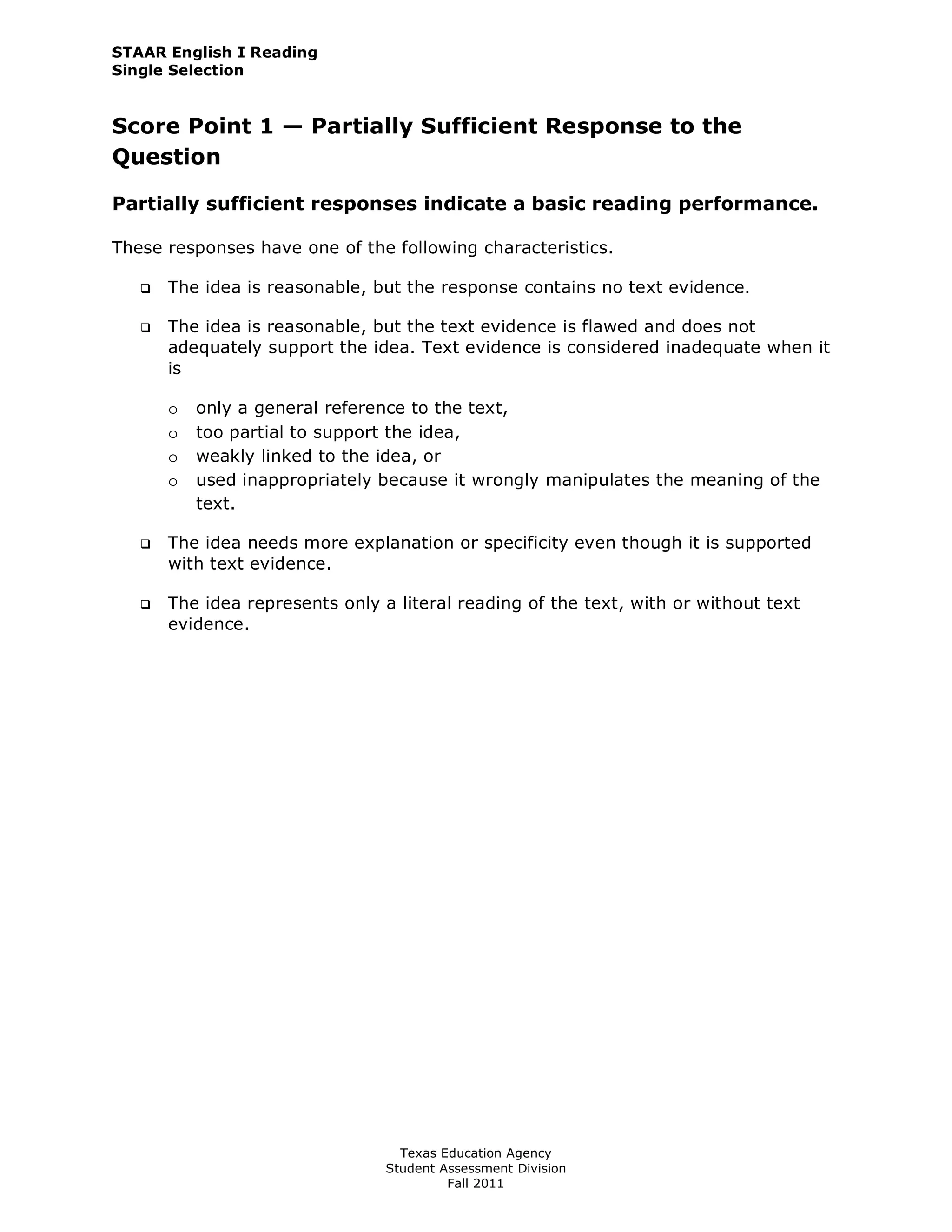 STAAR EOC Short Answer Single Selection Rubric from TEA | PDF