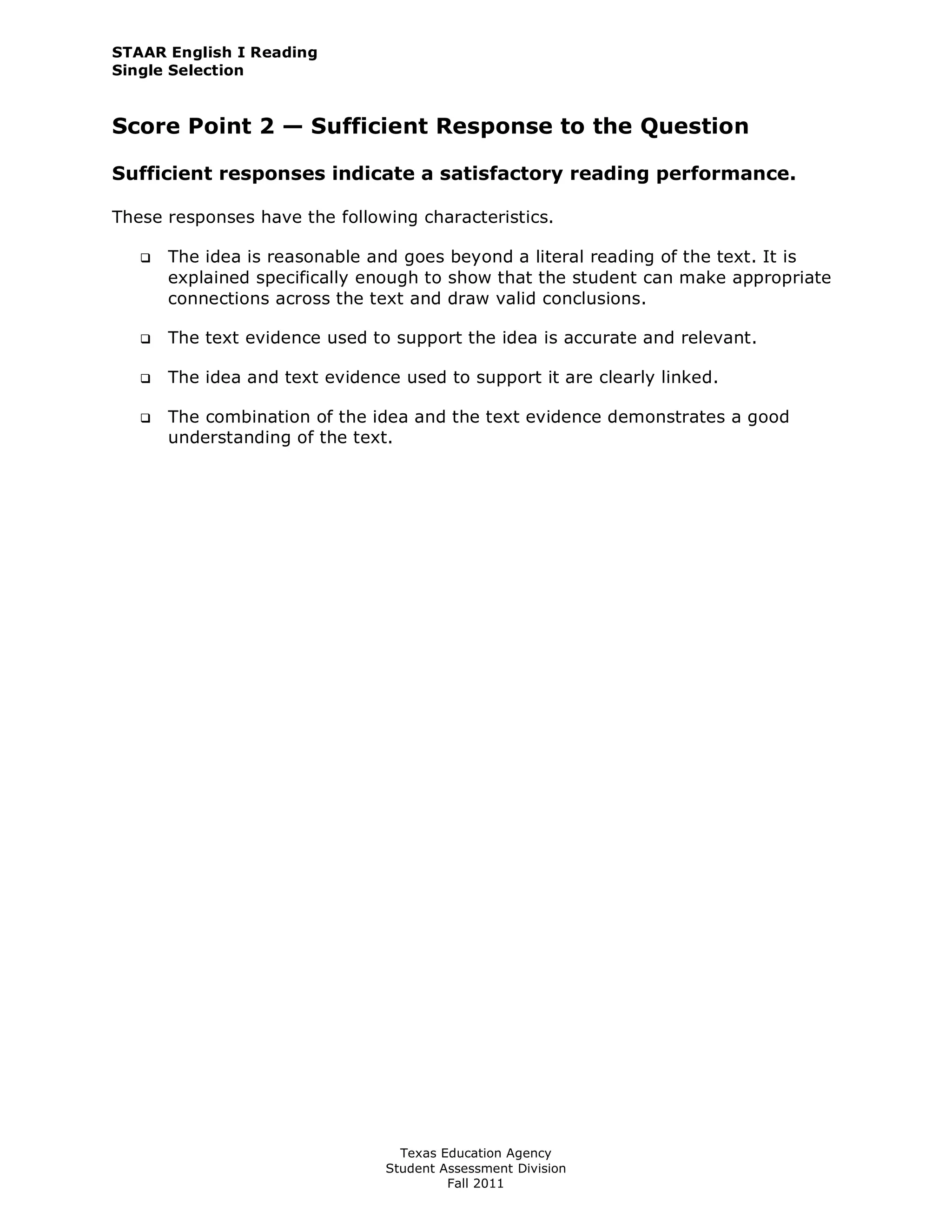 STAAR EOC Short Answer Single Selection Rubric from TEA | PDF