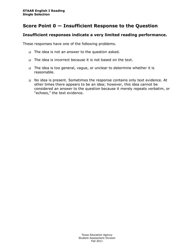 STAAR EOC Short Answer Single Selection Rubric from TEA | PDF ...