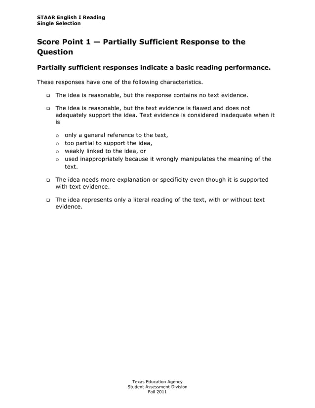 STAAR EOC Short Answer Single Selection Rubric from TEA | PDF ...