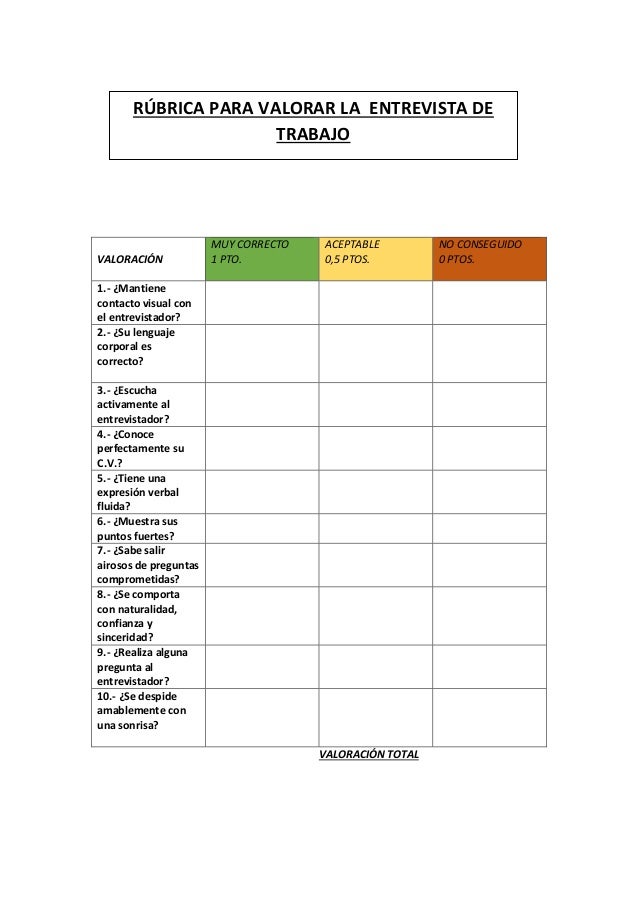 Rubrica entrevista trabajo