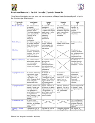 Rubrica del Proyecto 5. Escribir Leyendas (Español - Bloque II) | PDF