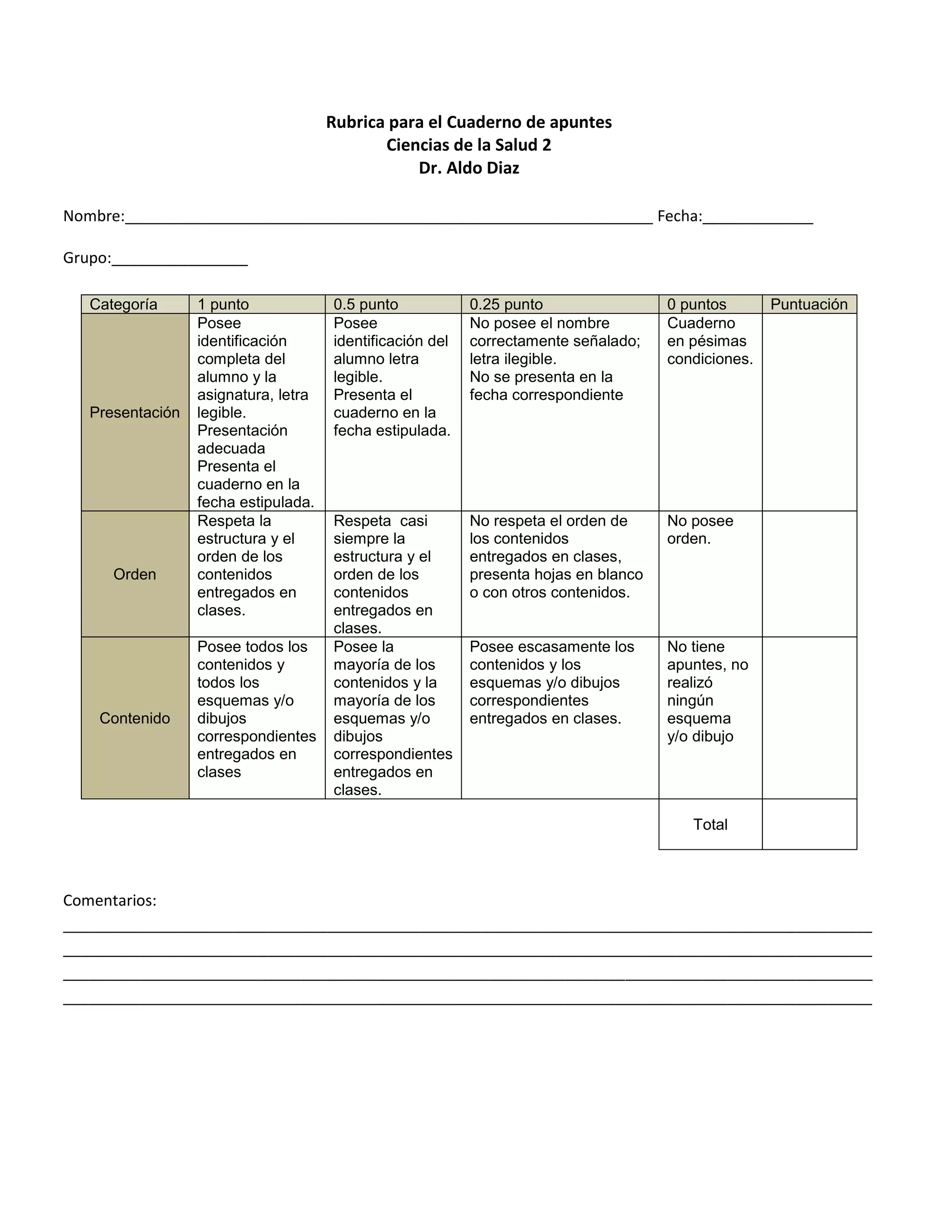Rubrica para cuaderno apuntes | DOCX | Educational Assessment | Education