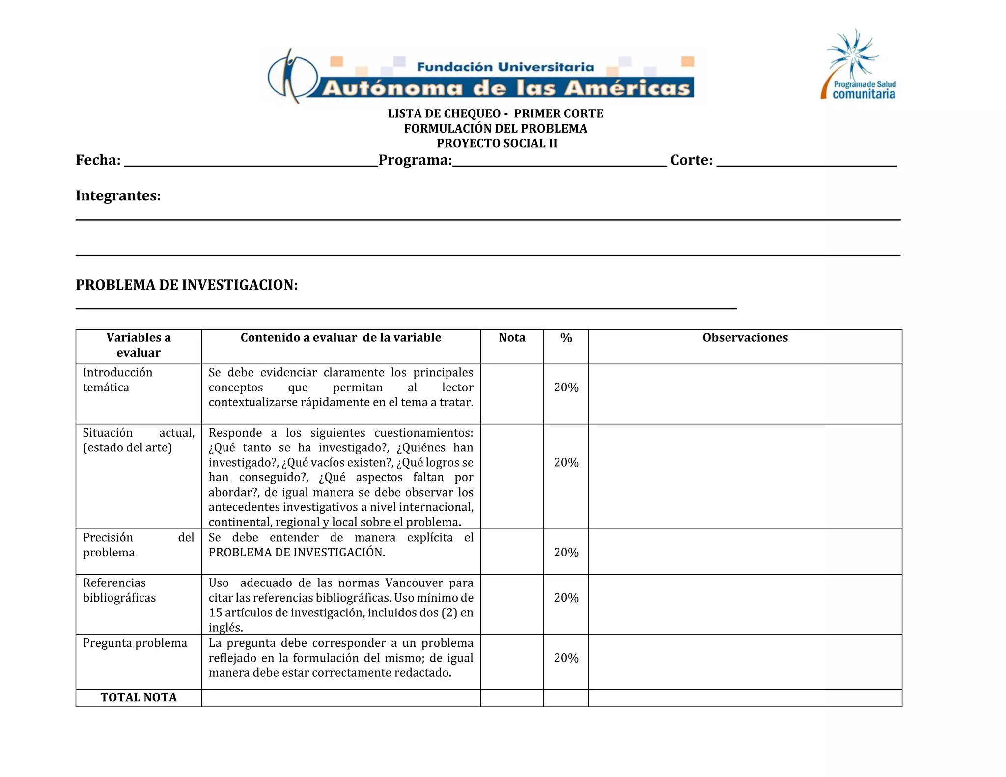 Rubrica para evaluacion primer corte proyecto social ii | PDF | Education