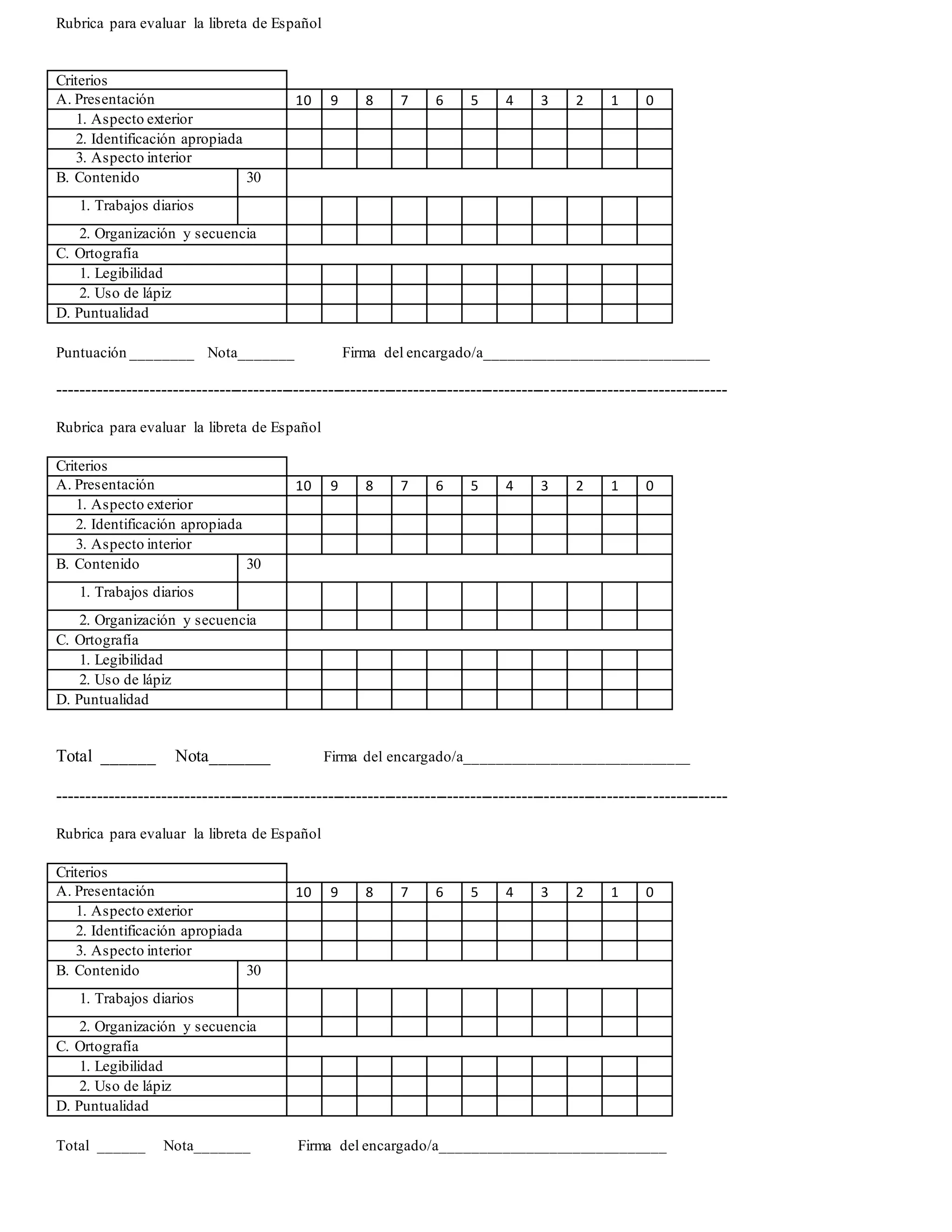 Rubrica para evaluar la libreta de español | DOCX