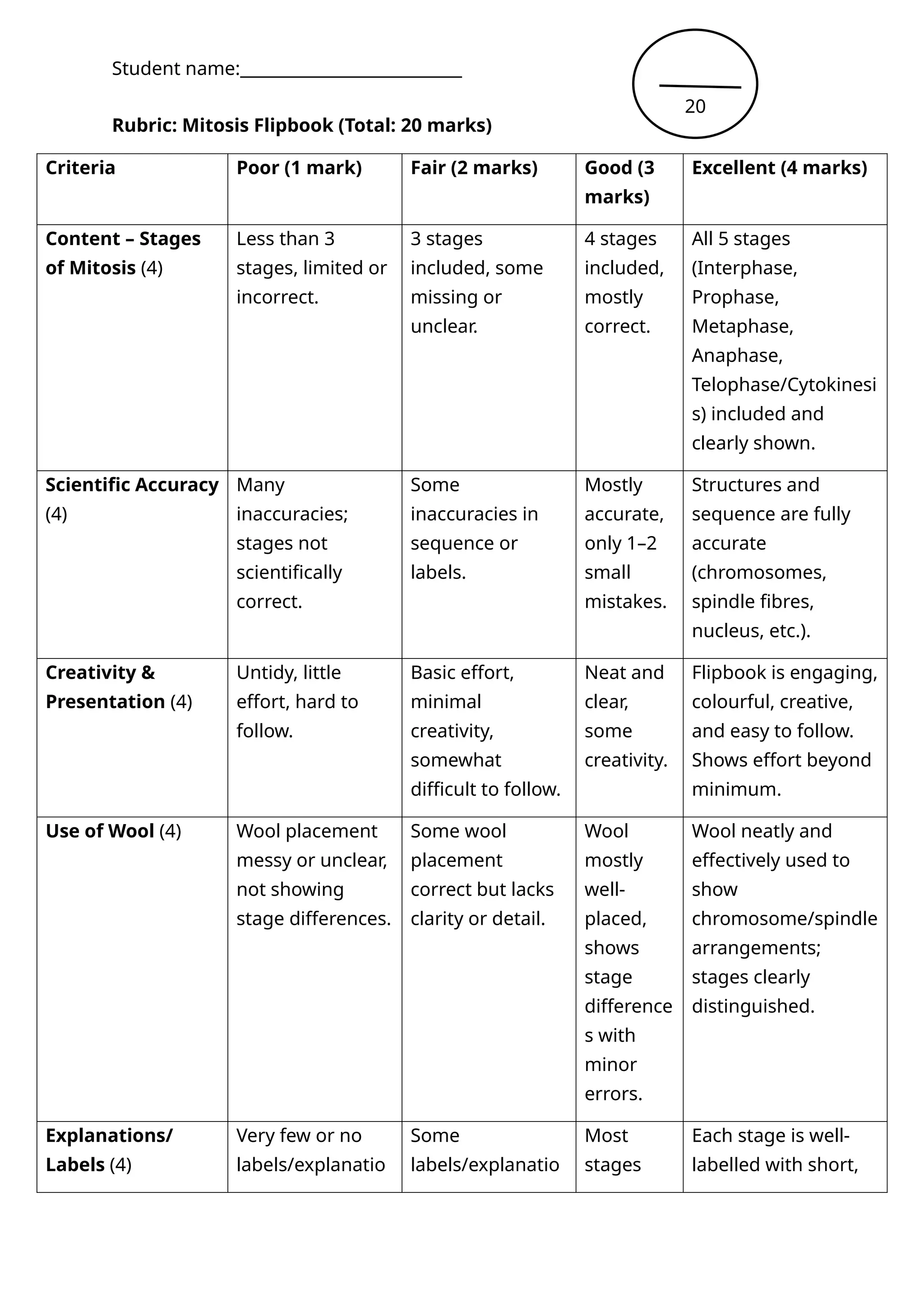Rubric_ Flip book_ Cell Division_Mitosis | DOCX