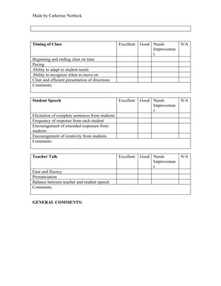 Rubric for class observation | DOC
