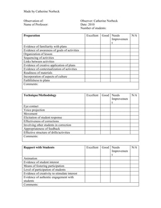 Rubric for class observation