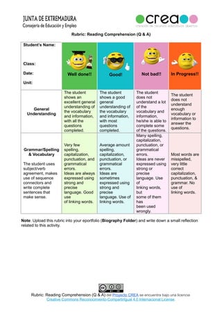 Rubric reading comprehension questions and answers | ODT