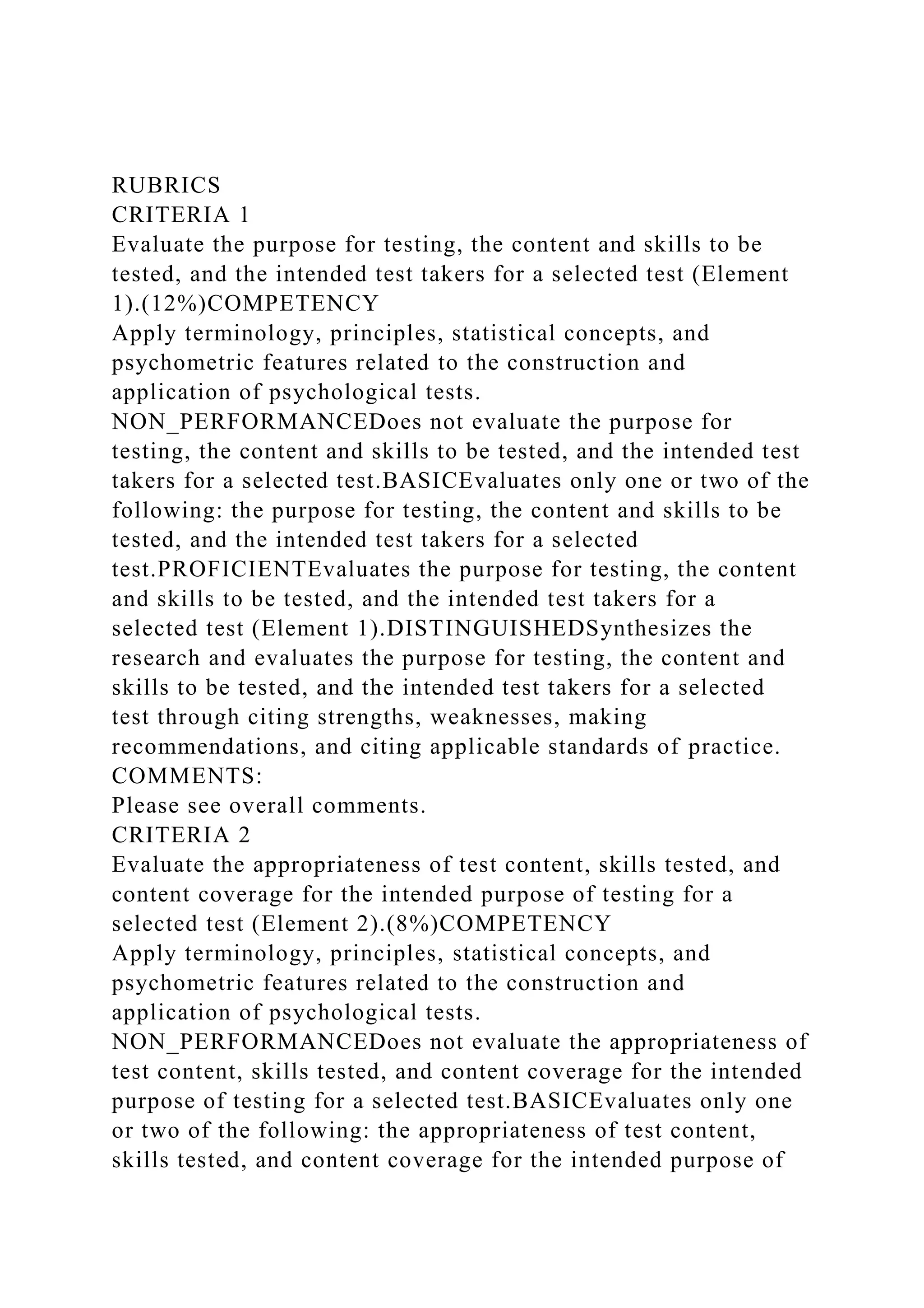 RUBRICSCRITERIA 1Evaluate the purpose for testing, the content.docx
