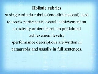 RUBRICS FOR ASSESSMENT.ppt | Educational Assessment | Education