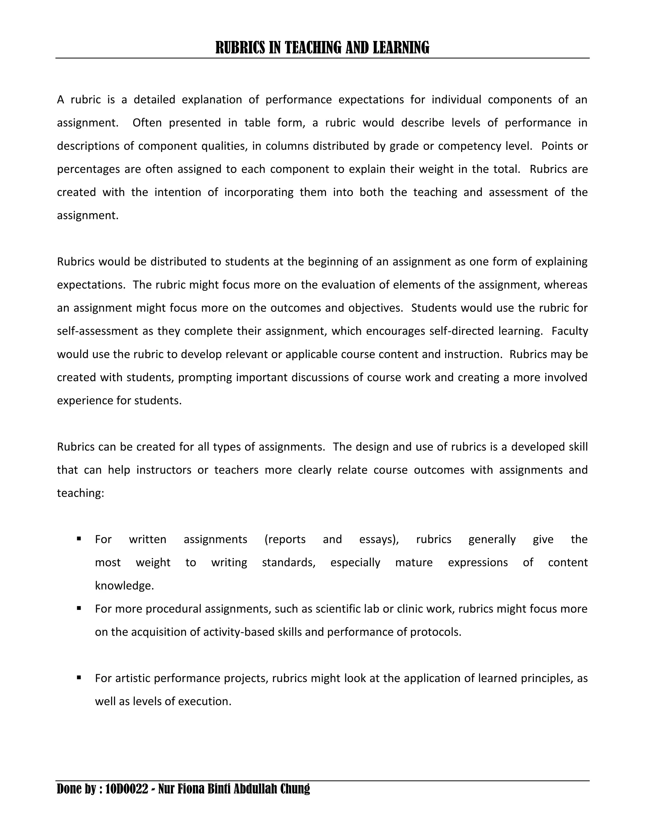 Rubrics in teaching and learning | PDF