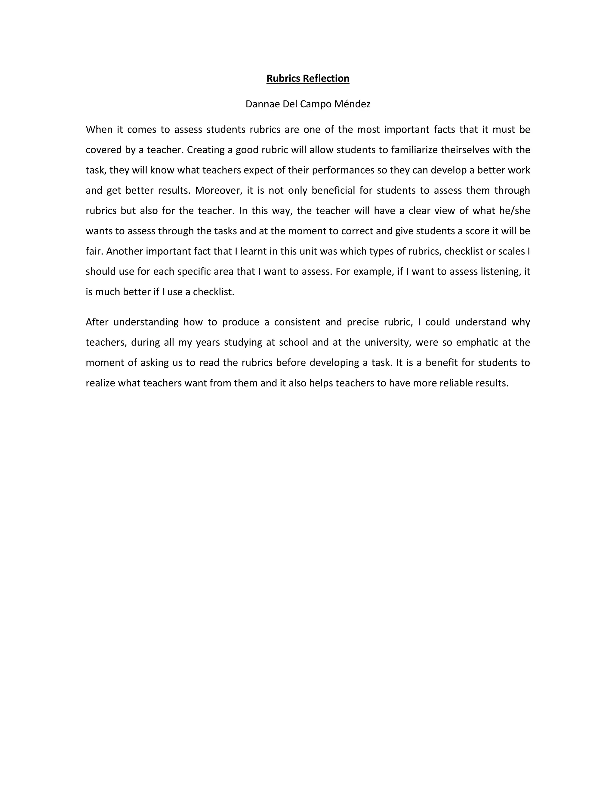 Rubrics reflection | PDF