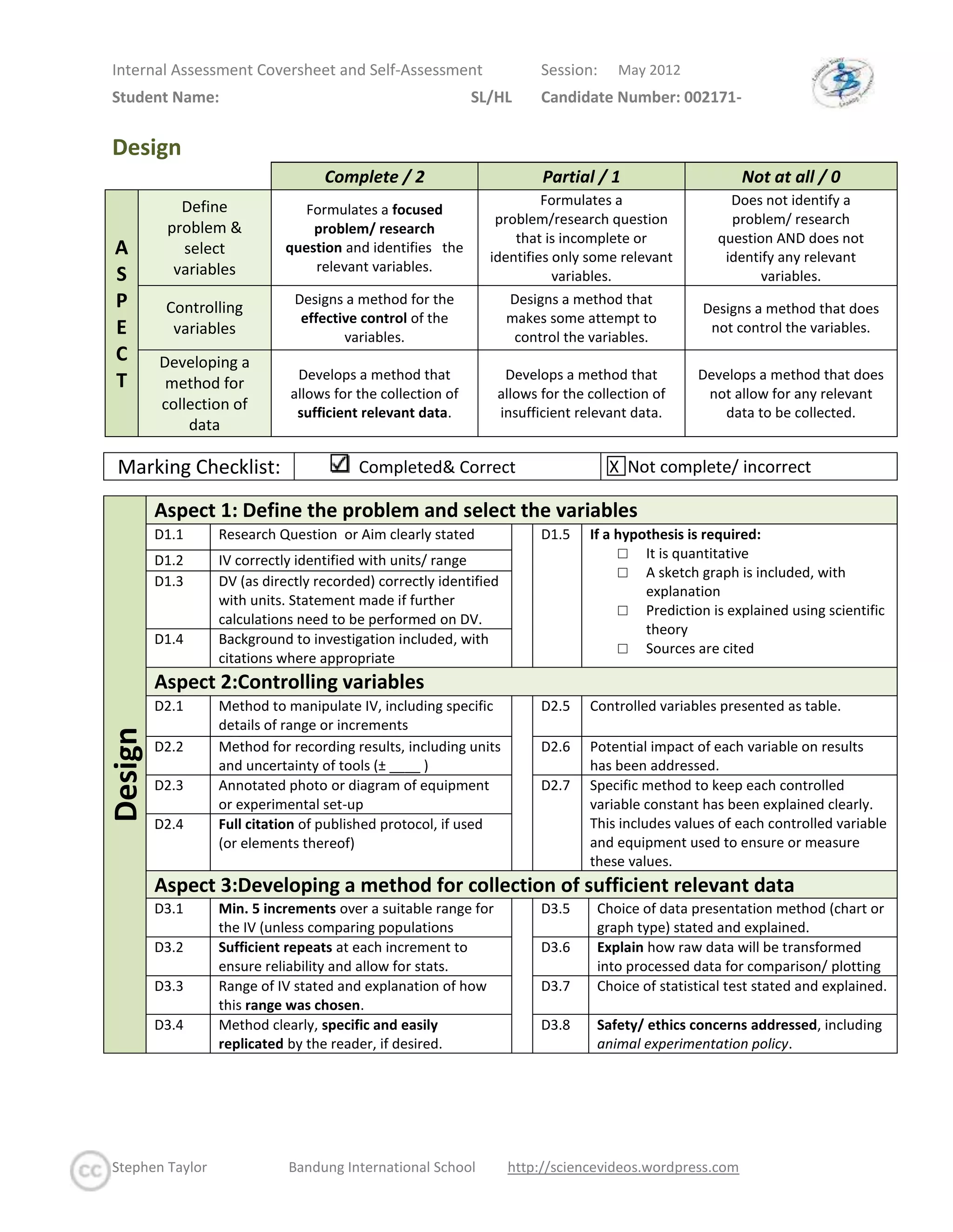 Rubrics & Self Assessments Online Submission | DOTX