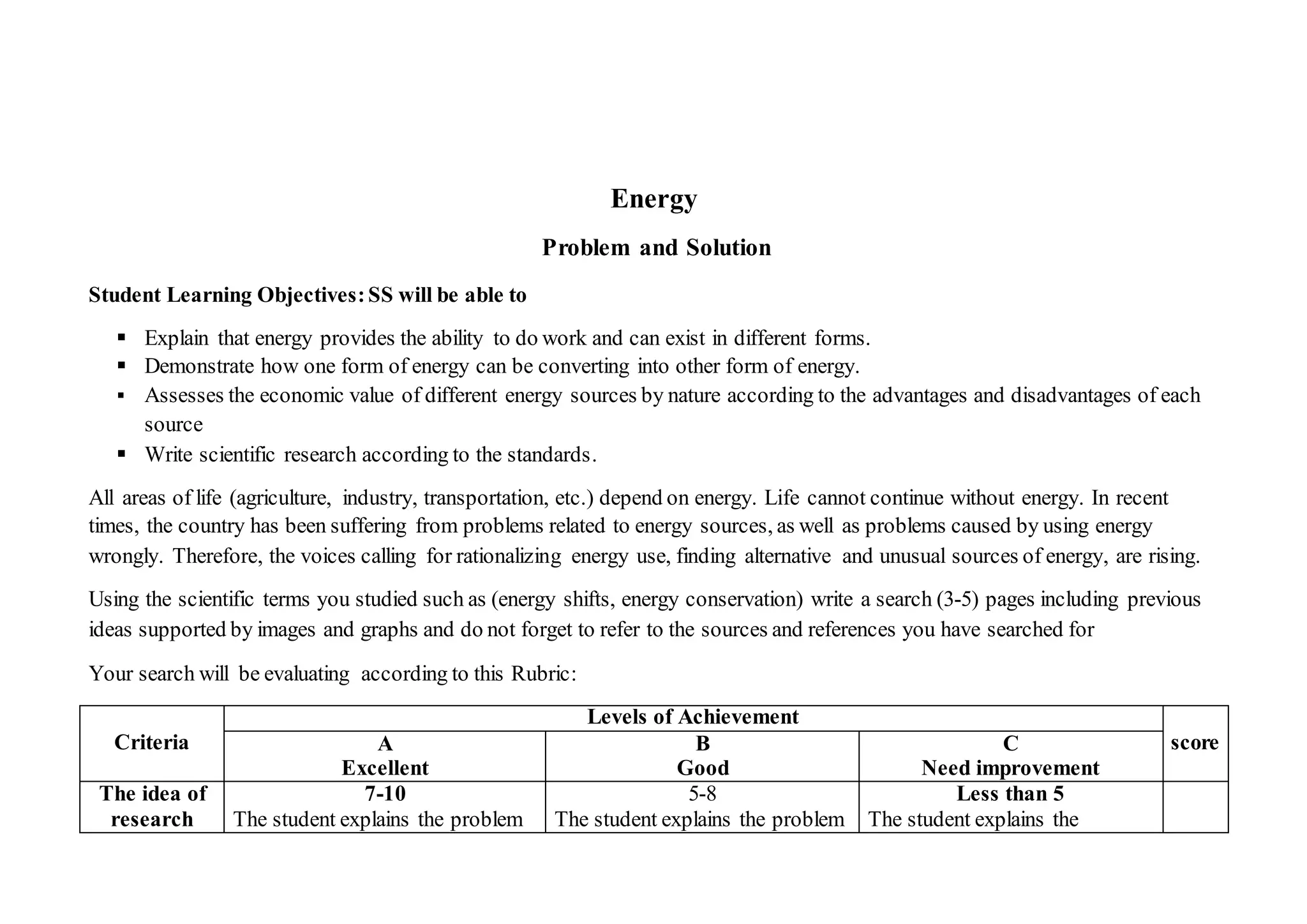 Rubric task for lesson about energy | DOCX