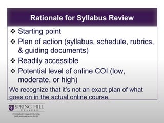 Rubric to evaluate online course syllabi plans for engendering a coi ...
