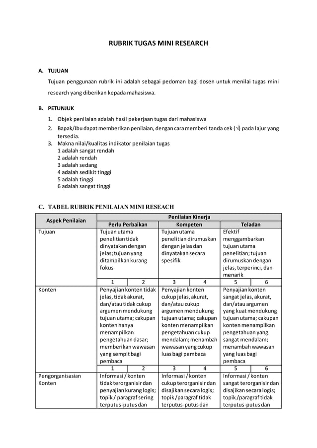 Rubrik penilaian mini research | DOCX