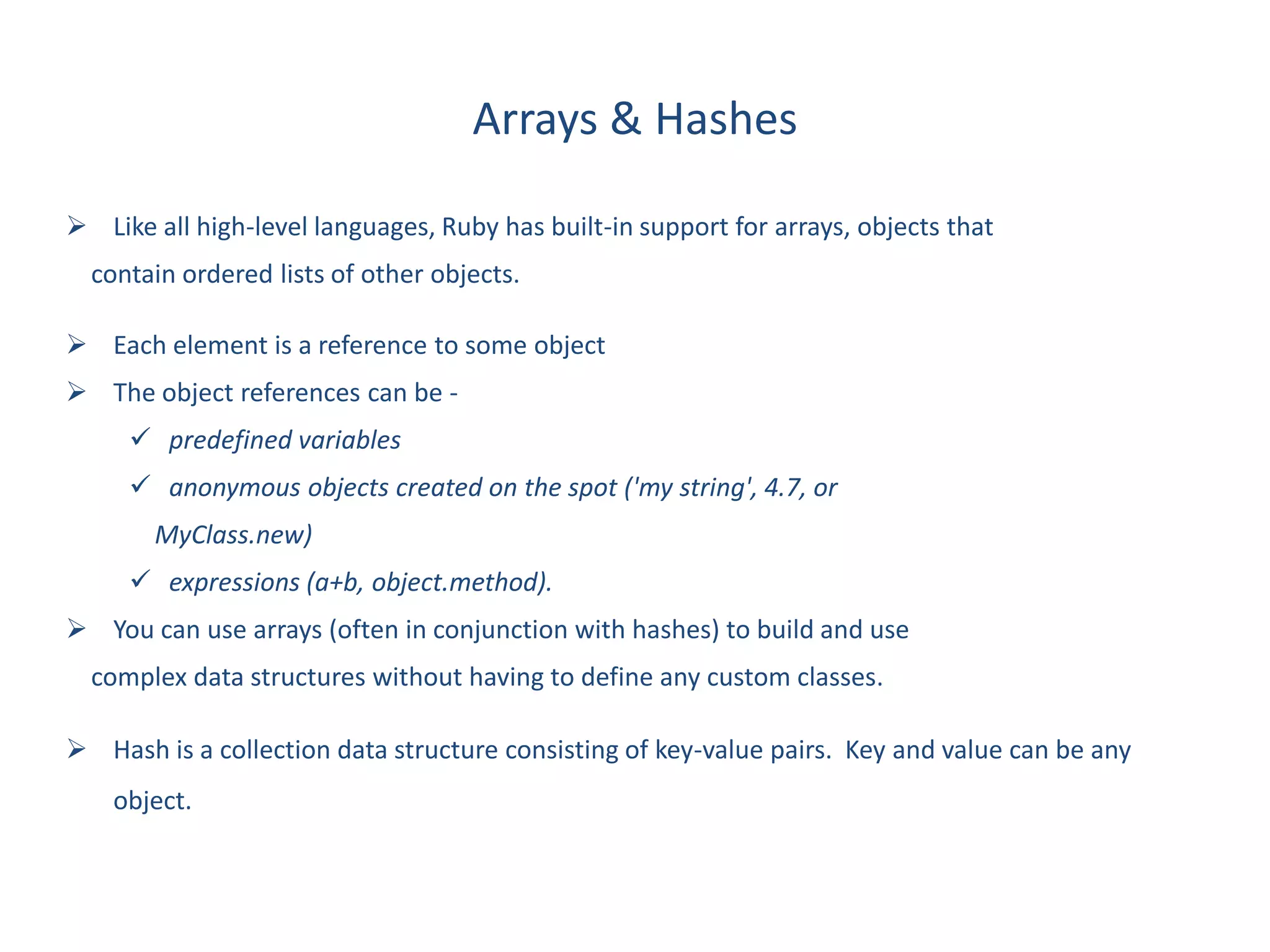 Ruby's Arrays and Hashes with examples | PPTX | Programming Languages | Computing